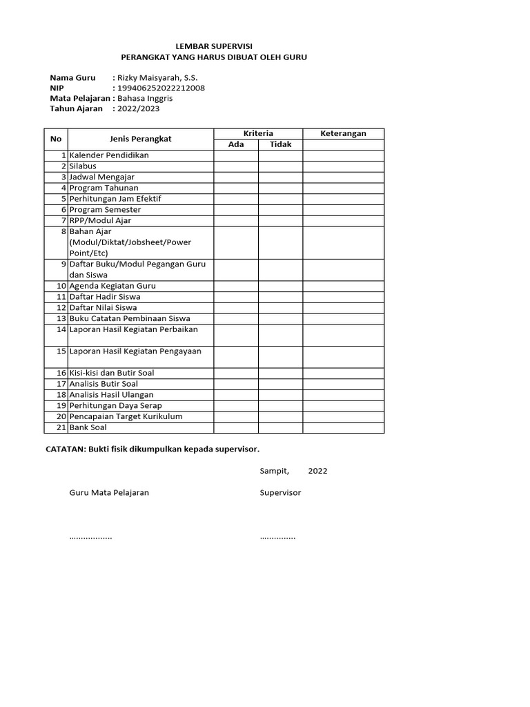 Lembar Cek Dokumen Supervisi 2022 | PDF
