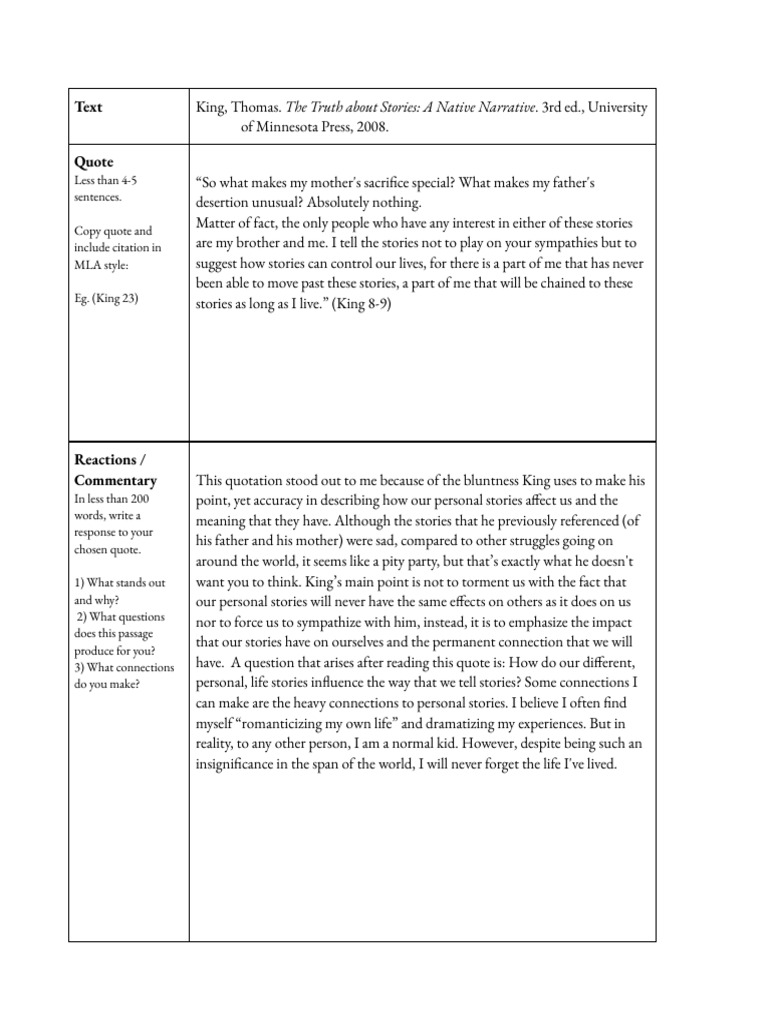 Chapter 1 Dialectical Journals Template The Truth About Stories 1 | PDF