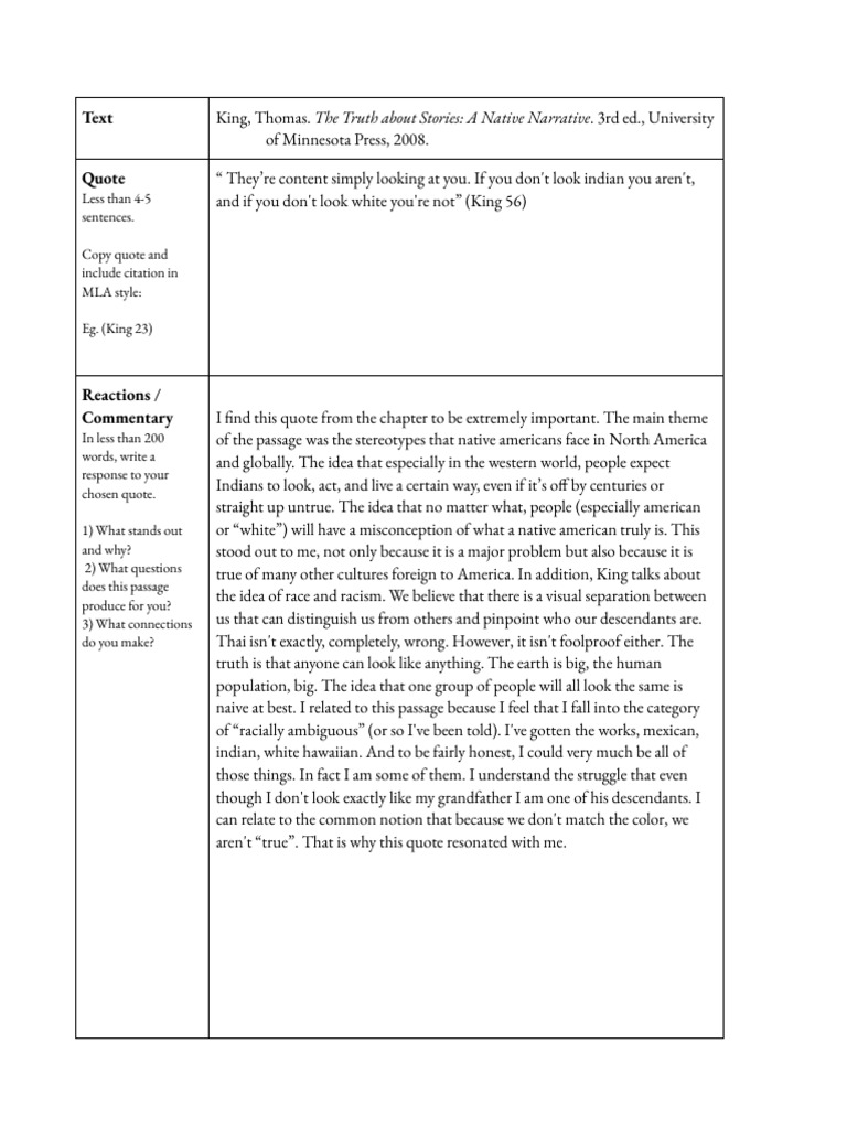 Chapter 2 Dialectical Journals Template The Truth About Stories 1 ...