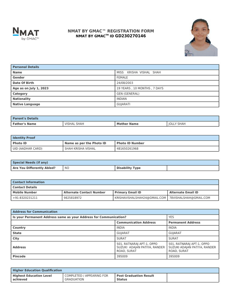 NMAT Registeration Form | PDF