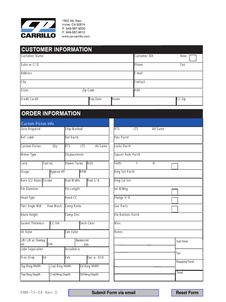 Piston Custom Order Form 17 | PDF