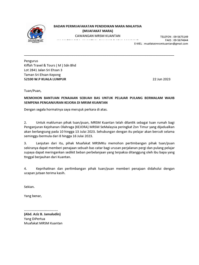 Permohonan Penajaan Bas Pelajar KEJORA | PDF