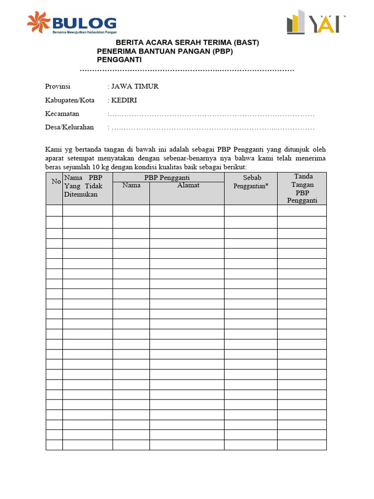 Berita Acara Serah Terima (Bast) Penerima Bantuan Pangan (PBP) Pengganti .. | PDF