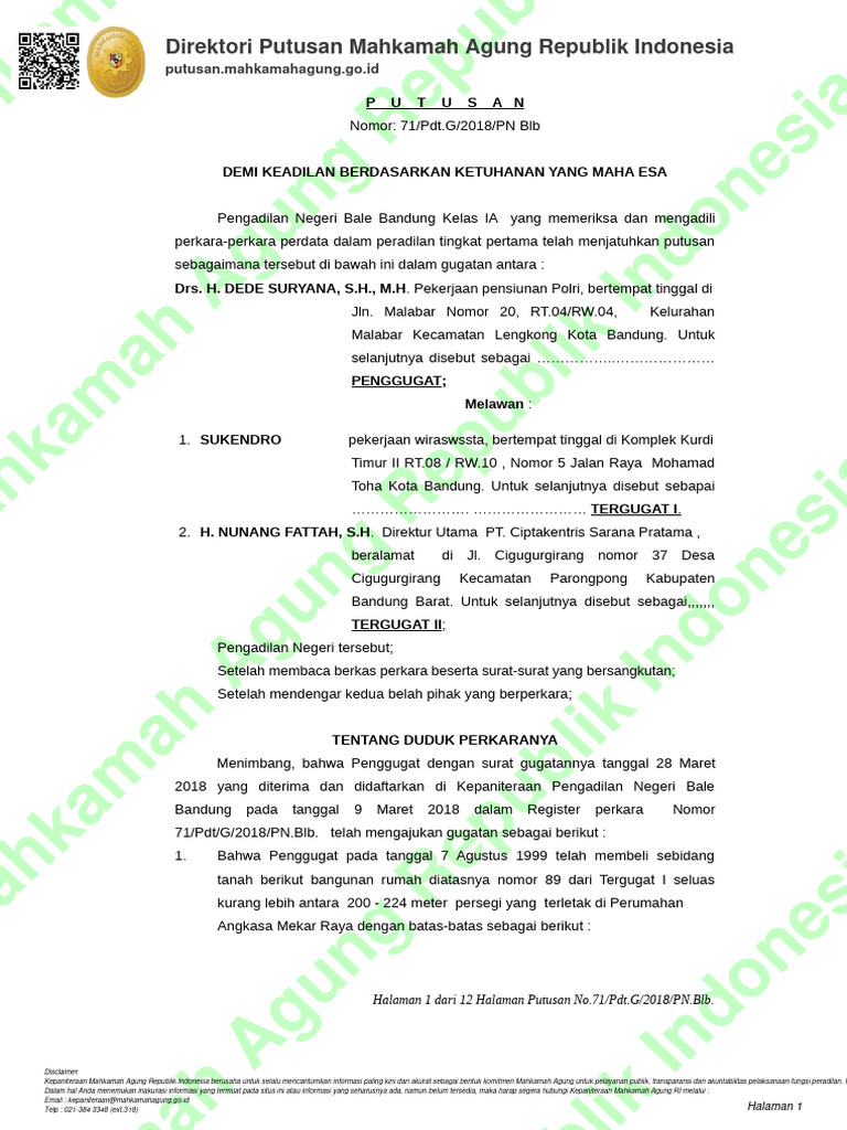 PN BLB 2018 PDT.G 71 Putusan Akhir | PDF