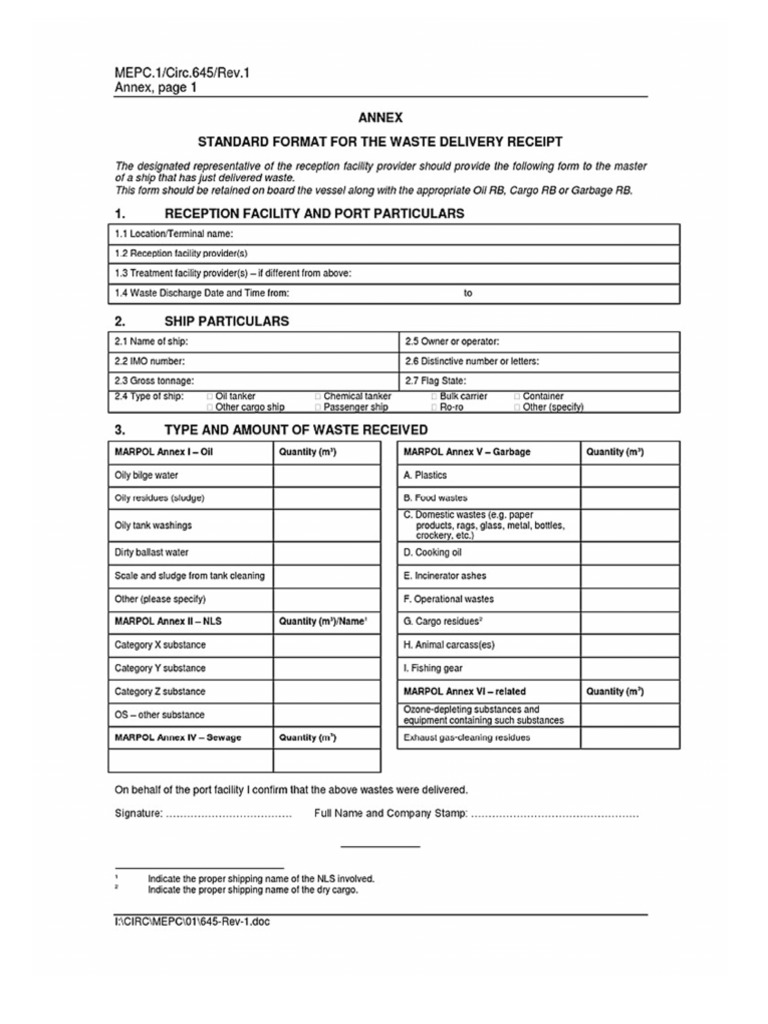 MARPOL ANNEX Standard Format Waste Delivery Receipt | PDF