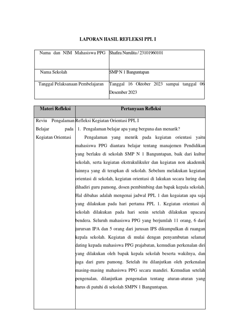 Laporan Hasil Refleksi PPL 1 | PDF