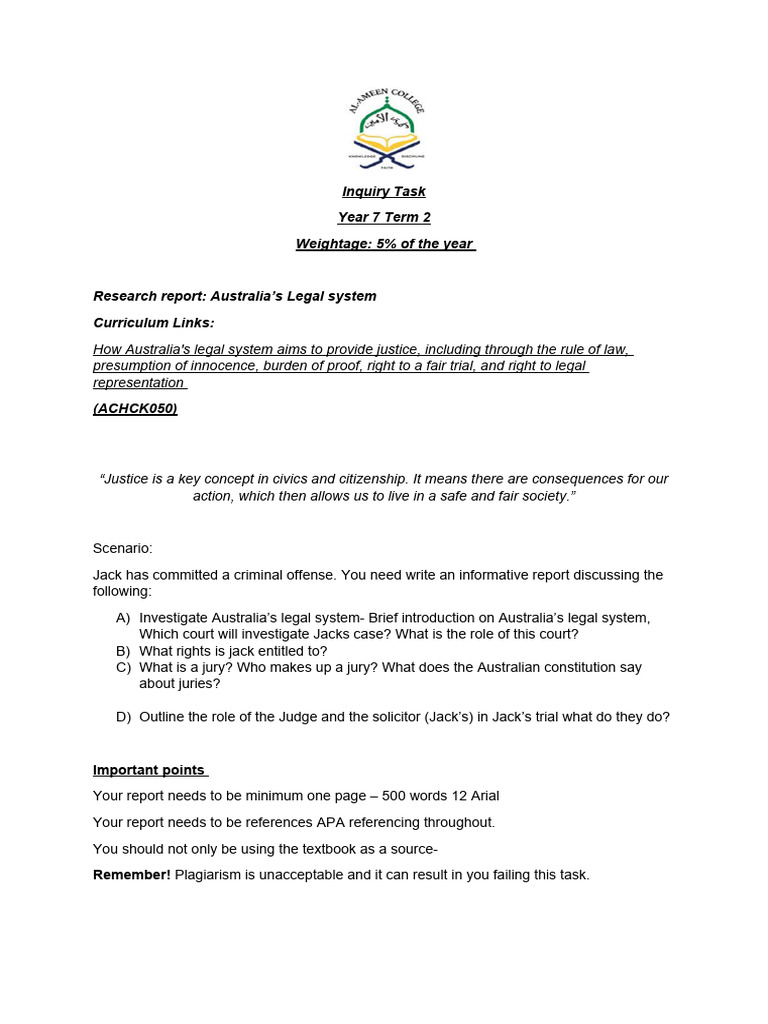 Inquiry Task Year 7 - 1 - Australias Legal System | PDF | Trials ...