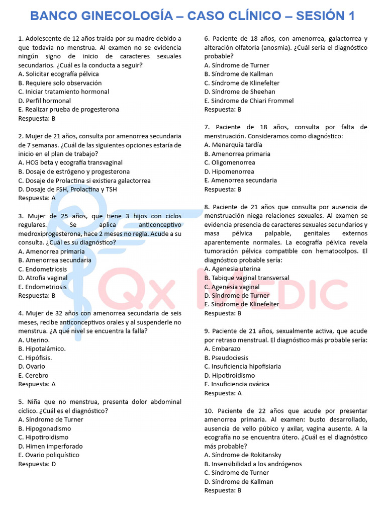 Ginecología - Banco de Preguntas - Caso Clínico - Sesión 1 - Con Claves | PDF | Menstruación ...