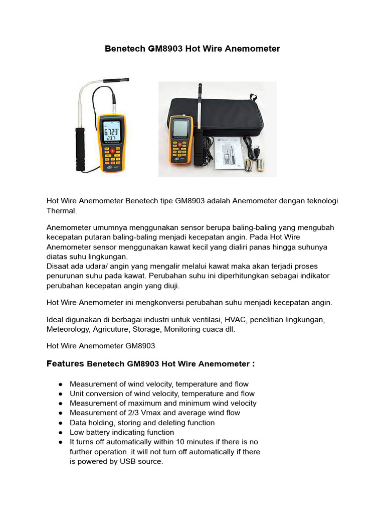 Catalog Benetech GM8903 Hot Wire Anemometer | PDF