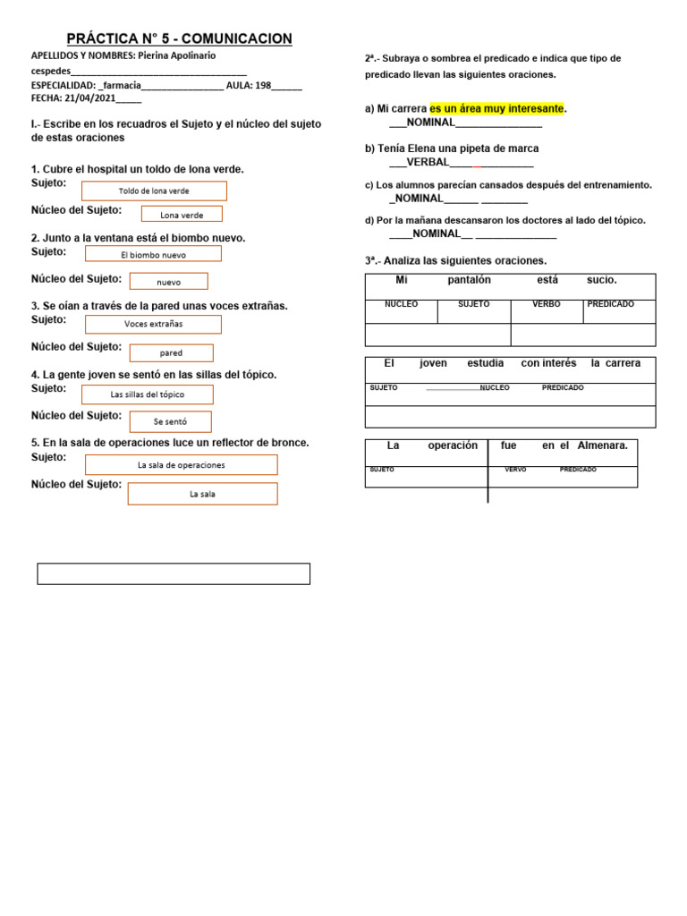 Practica 5 Sujeto y Predicado | Descargar gratis PDF | Predicado (Gramática) | Asunto (gramática)