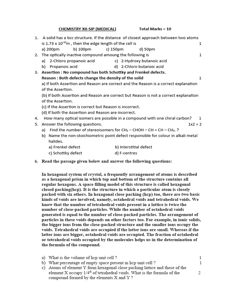 3-6-23chemistry Xii-Sip Medical | PDF | Crystal Structure | Mineralogy