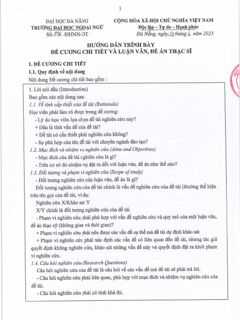 CV 596 Huong Dan Trinh Bay de Cuong Chi Tiet Va Luan Van, de An Thac Si | PDF