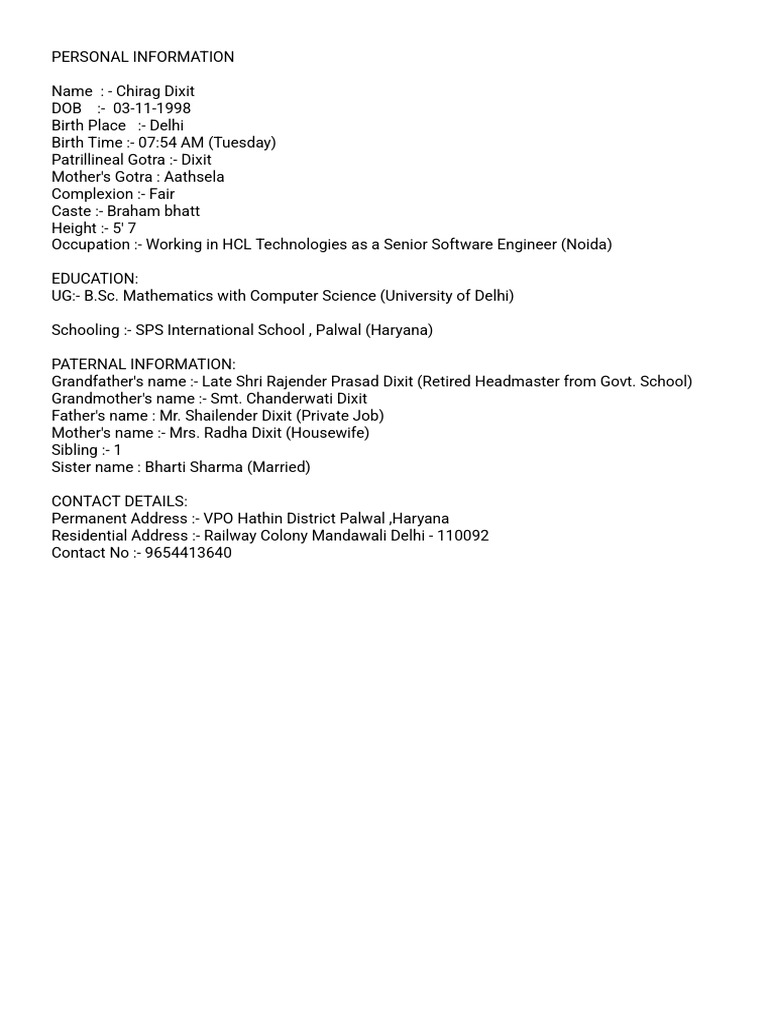 Biodata Chirag Dixit | PDF