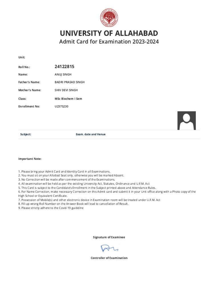 University of Allahabad Admit Card | PDF