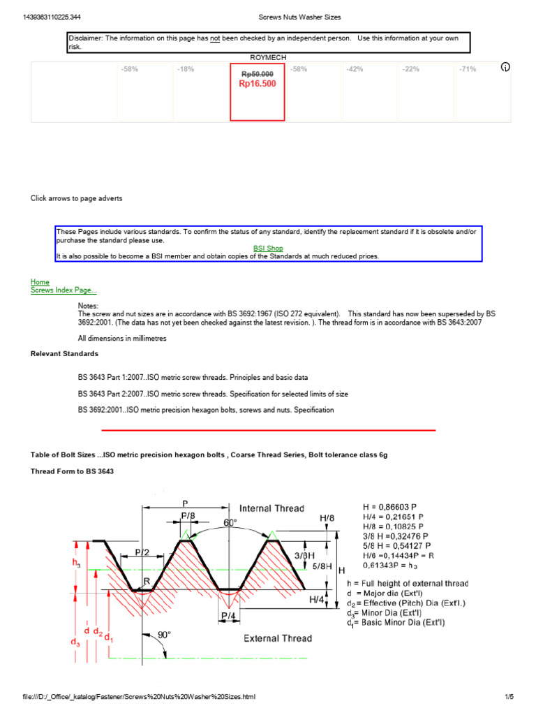 Screws Nuts Washer Sizes | PDF | Screw | Metalworking