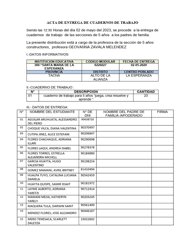Acta de Entrega de Cuadernos de Trabajo | PDF