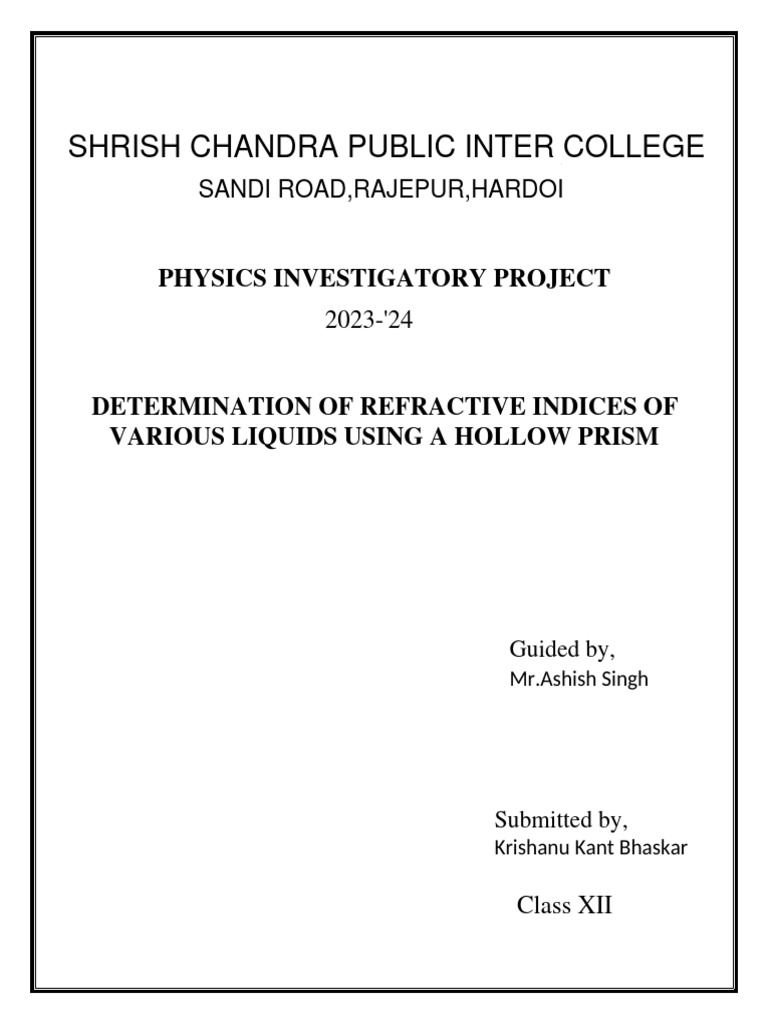 Hollow Prism Physics Investigatory Project Class 12 CBSE PDF