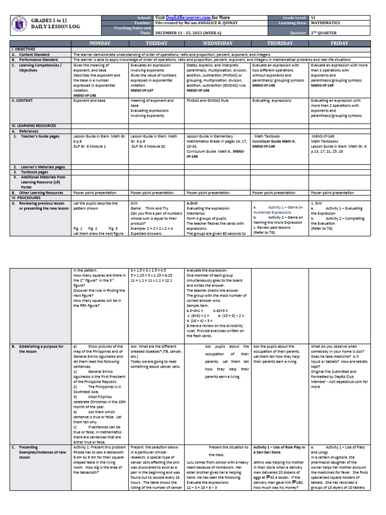 Grade 6 Math Lesson Plan | PDF | Exponentiation | Multiplication
