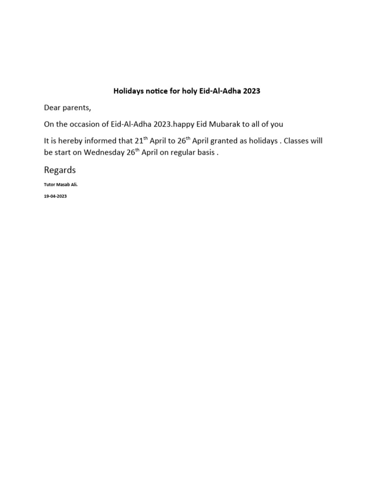 Holidays Notice For Holy Eid | PDF
