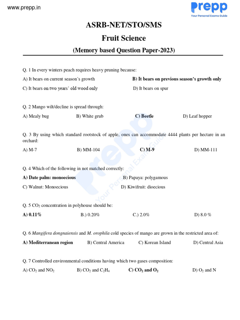 ASRB NET 2023 Fruit Science Questions | PDF | Apple | Banana