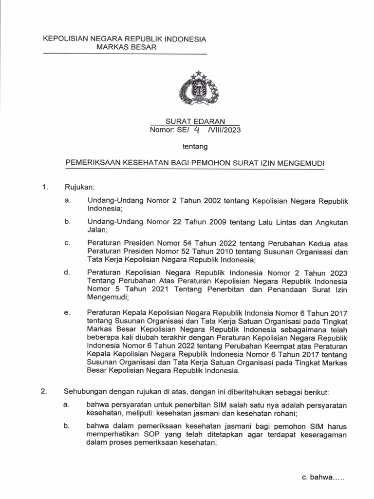 SE4.VIII.2023 - Pemeriksaan Kesehatan Bagi Pemohon SIM | PDF