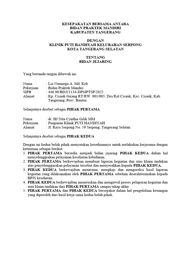 MOU Klinik Dengan Bidan Jejaring | PDF