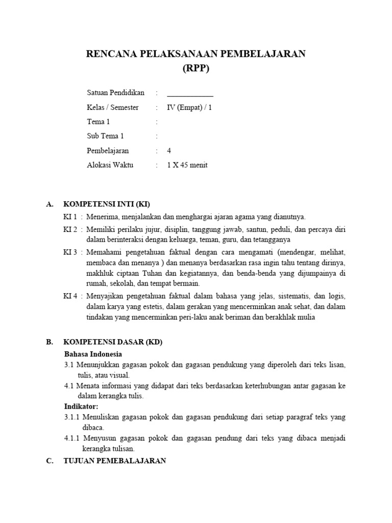 Revisi RPP Membaca Tema 1 Subtema 1 Pemb 4 | PDF