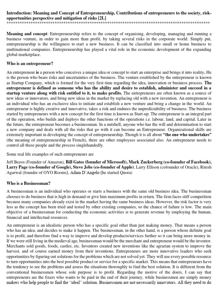 Notes Module 1 Pdf Financial Risk Entrepreneurship