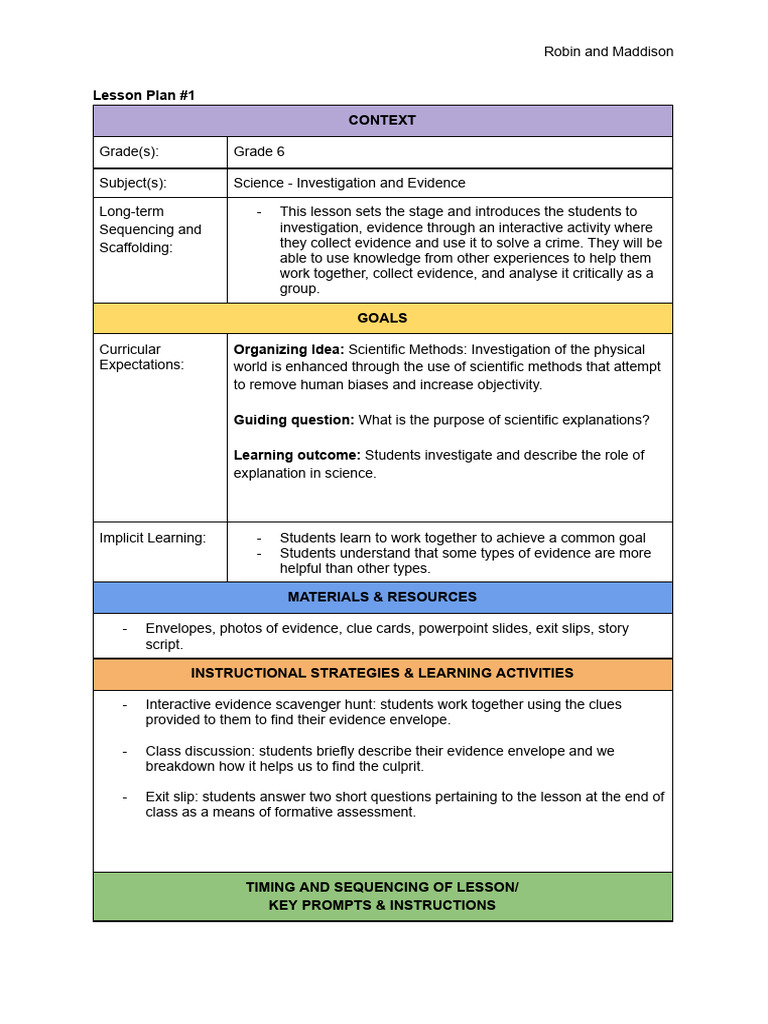 Investigation and Evidence Lesson Plan 1 | PDF | Lesson Plan | Science