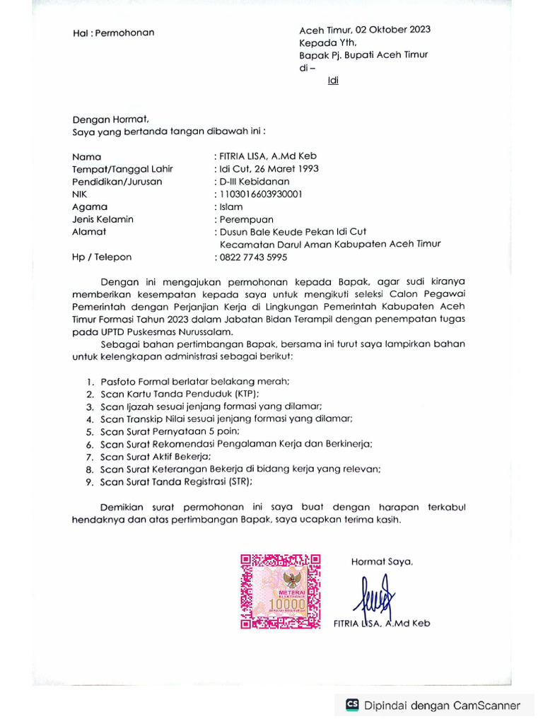 Fitria Lisa, Surat Permohonan | PDF
