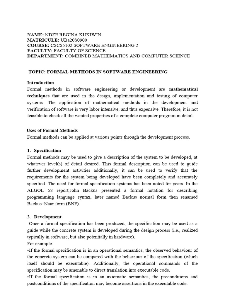 Ndze Regina Kukiwin - UBa20S0900 - CSCS5102 Software Engineering 2 Assignment - Formal Methods ...