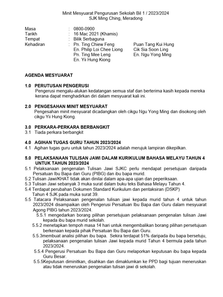 Minit Mesyuarat Pengurusan Sekolah Bil 1 2023 | PDF Minit Mesyuarat Pengurusan Sekolah Bil 1 2023 | PDF