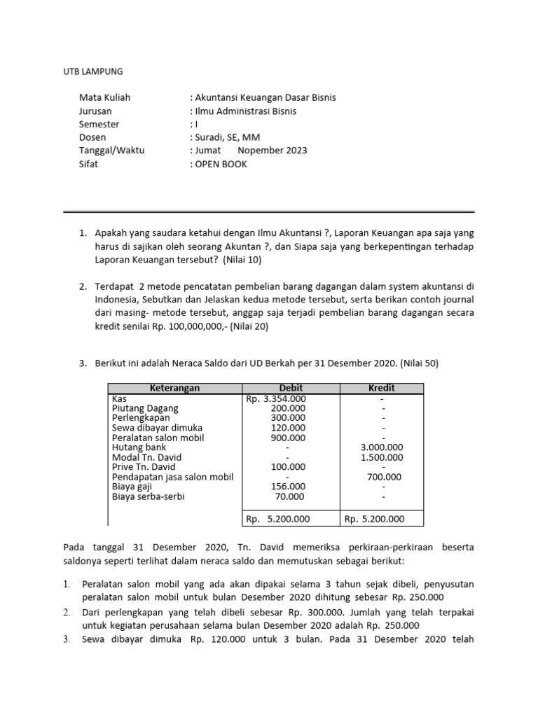Soal UTS Akuntansi Keuangan Bisnis Nov 2023 | PDF