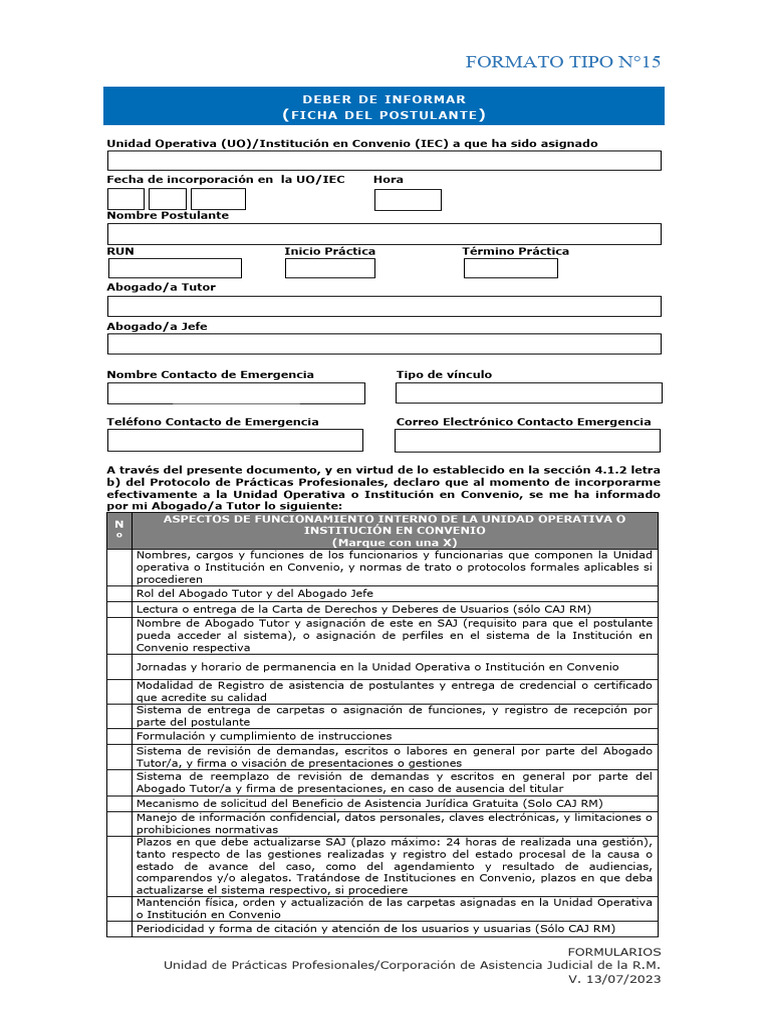 Formulario #15 - Deber de Informar CAJ (Ficha Del Postulante) y Contacto de Emergencia | PDF ...