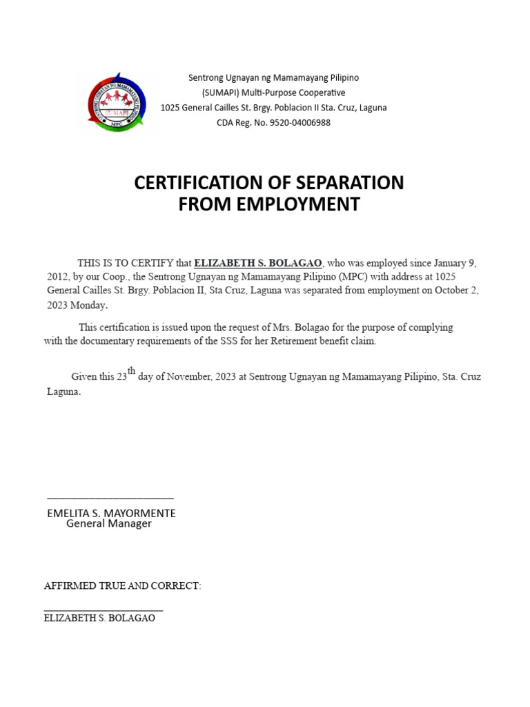 Certificate of Separation for SSS Retirement | PDF
