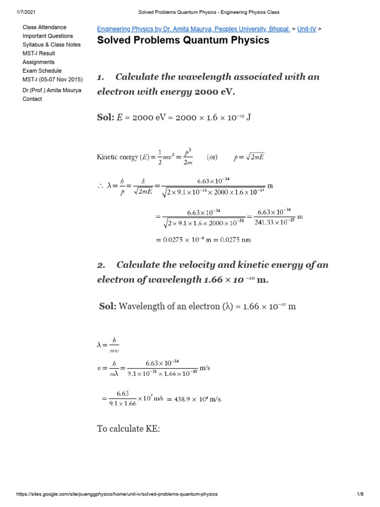 Unit - 3 Solved Problems Quantum Physics Chapter | PDF | Electron | Electronvolt