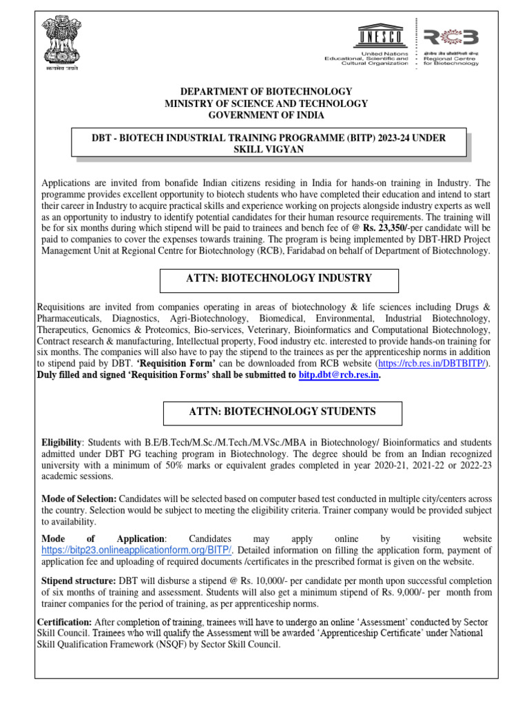BITP Call Advertisement 2023-24 | PDF | Biotechnology | Apprenticeship