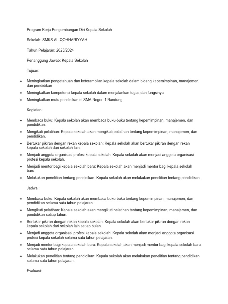 Program Kerja Pengembangan Diri Kepala Sekolah | PDF | Karier & Perkembangan | Pengembangan Diri