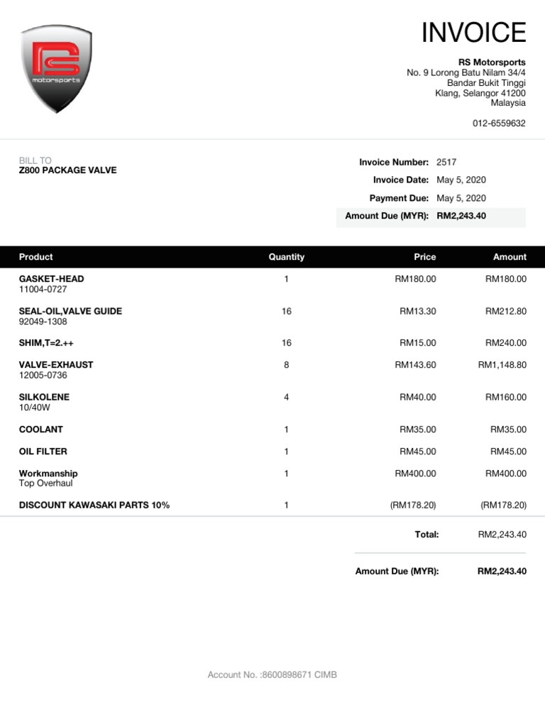 RS Motorsports Invoice for Z800 Parts | PDF