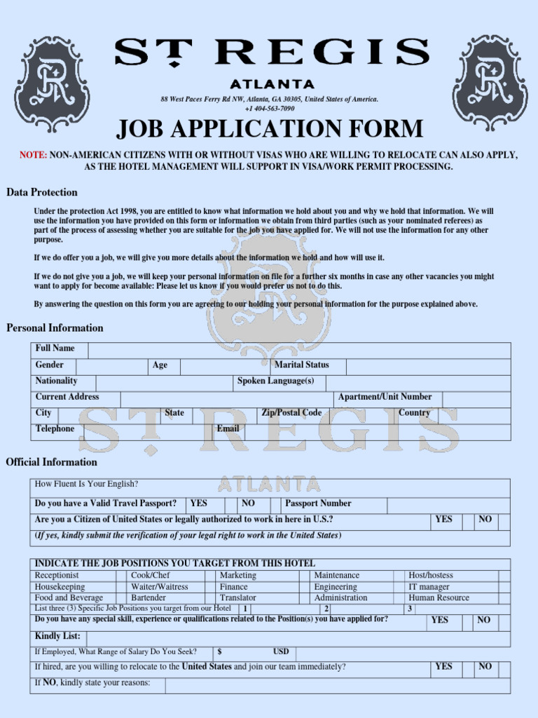Hotel Job Application Form PDF | PDF | Waiting Staff | Employment