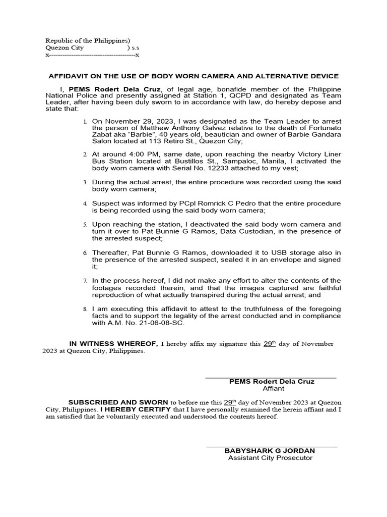 9 Affidavit On The Use of Body Worn Camera and Alternative Device Final | PDF | Affidavit ...