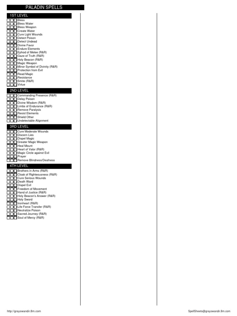 Comprehensive Paladin Spells List | PDF