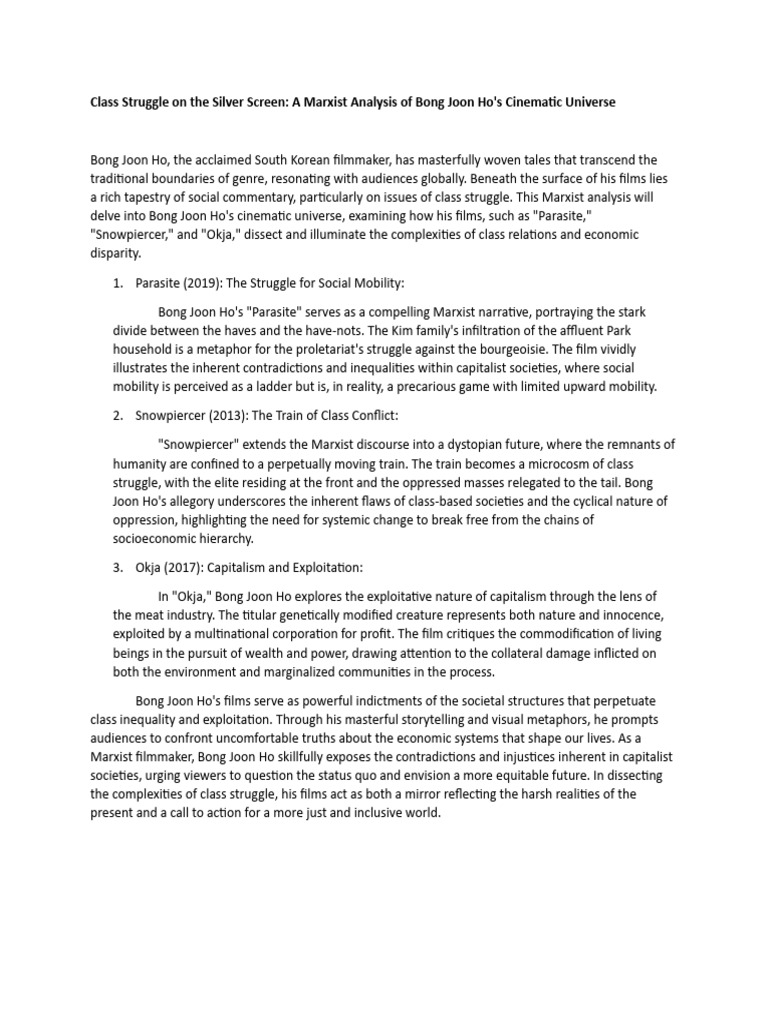Class Struggle On The Silver Screen-A Marxist Analysis of Bong Joon Ho's Cinematic Universe ...
