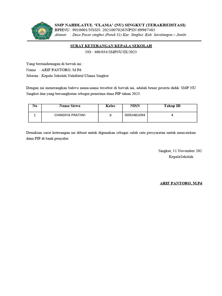 SURAT KETERANGAN PENERIMA DANA KIP 2019 tahap 9 dan 10.docx KELAS 7 | PDF