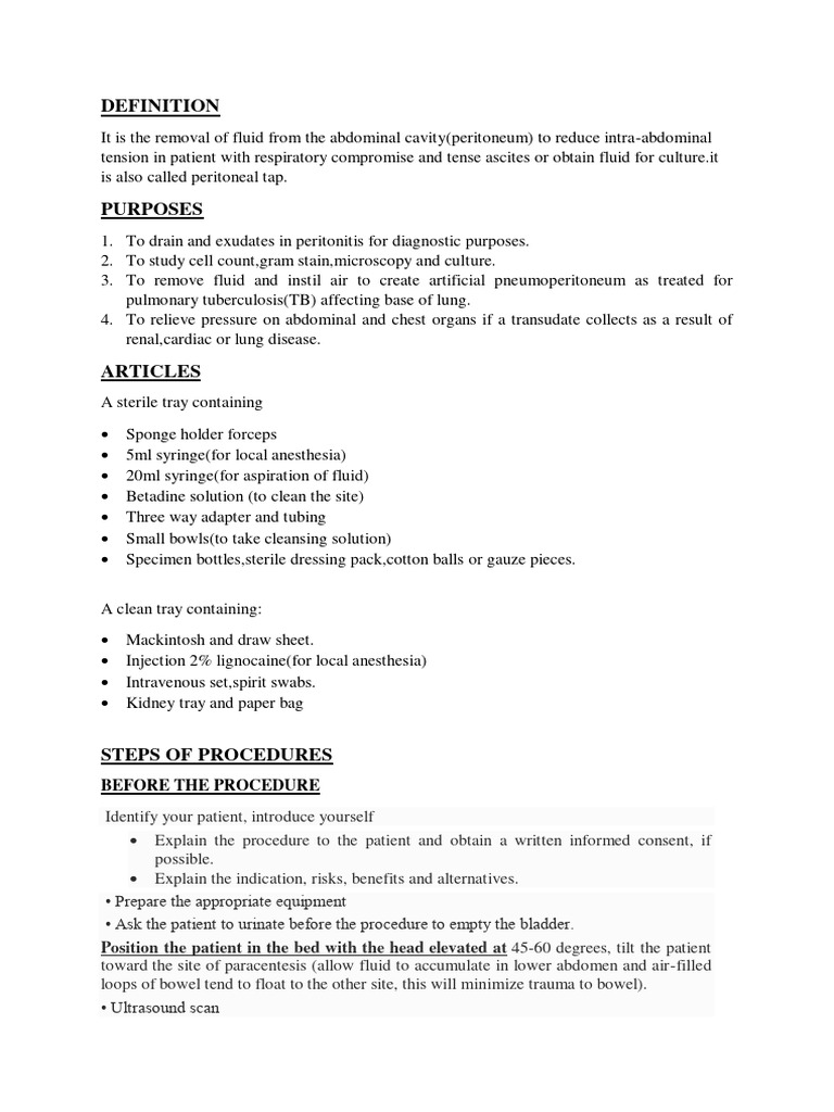 Paracentesis Procedure Guide | PDF | Medical Specialties | Diseases And ...