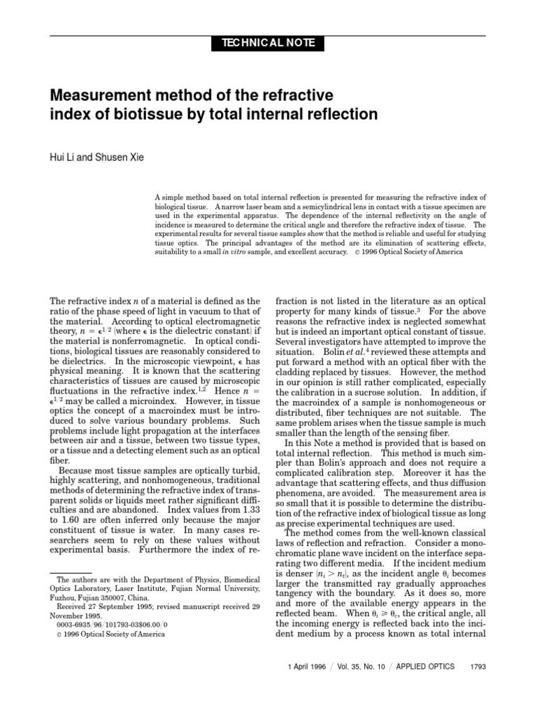 Measurement Method of The Refractive Index of Biotissue by Total Internal Reflection | PDF ...