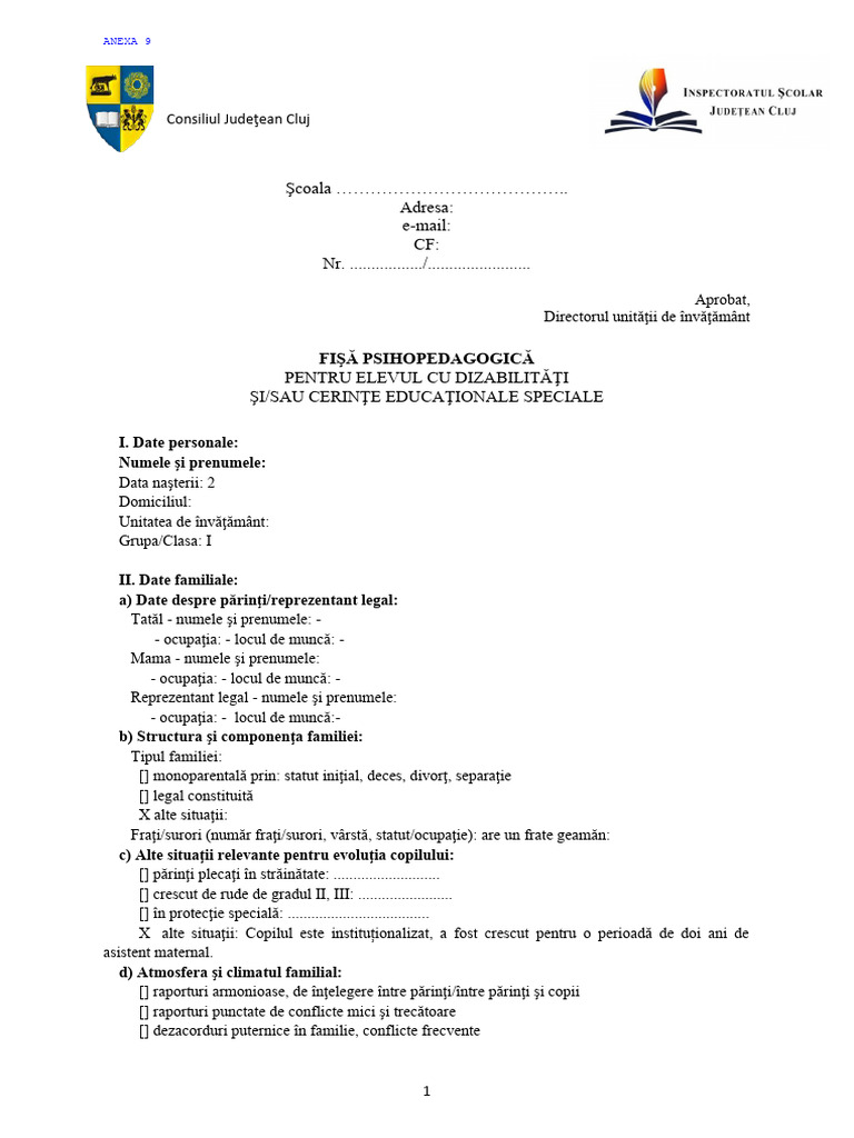 Fisa Psihopedagogica Elev Cu Dizabilitati | PDF