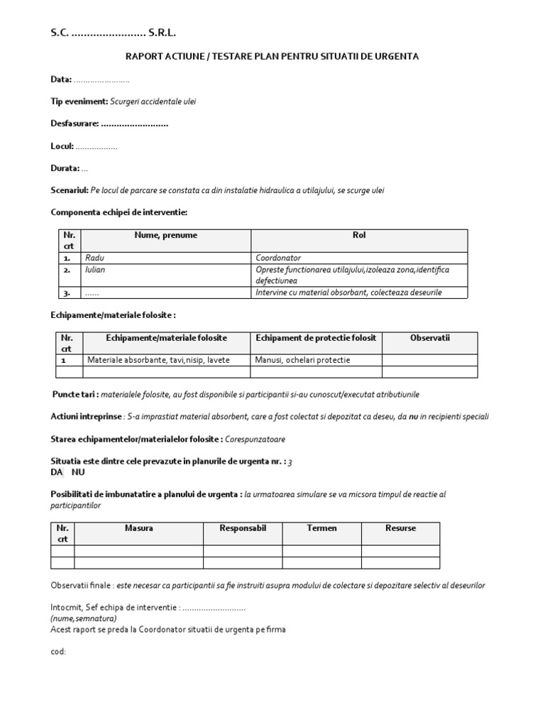 Raport Actiune - Scugeri Accidentale Ulei | PDF