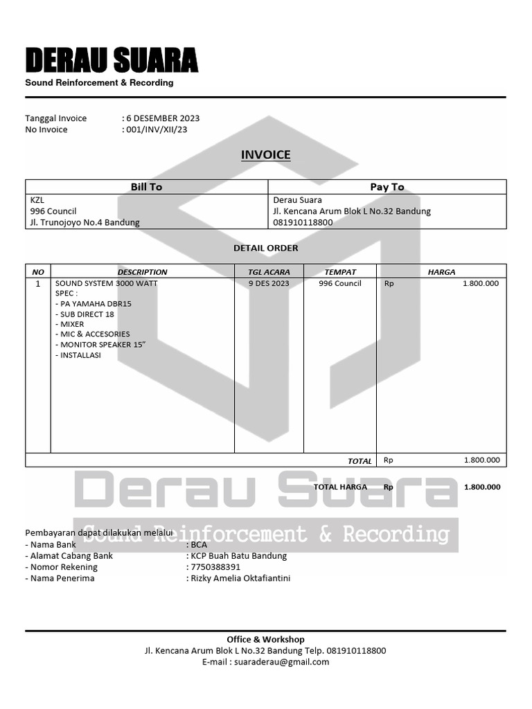 Contoh INVOICE Rental Sound System | PDF