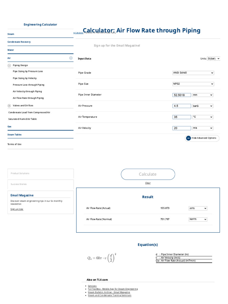 Calculator - Air Flow Rate Through Piping - TLV - A Steam Specialist ...